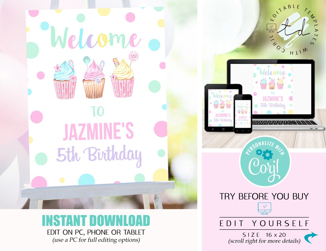 CUPCAKE WELCOME SIGN Instant Download 16 X 20 Cupcake Party Welcome ...