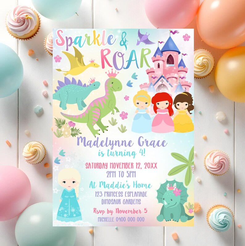 Princess Dinosaur Birthday Invitation: Editable Sibling Party (digital ...