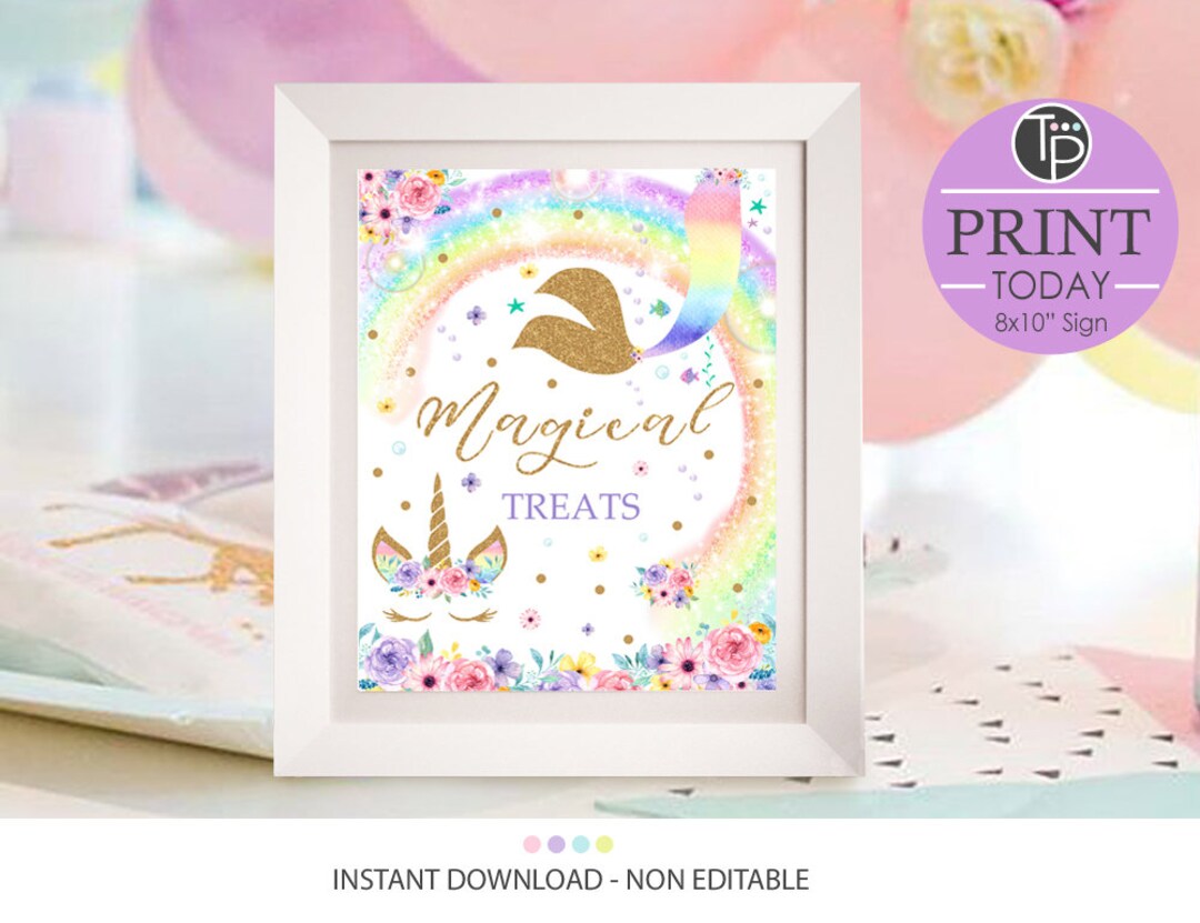 MAGICAL TREATS SIGN, Rainbow Mermaid and Unicorn Decorations, Rainbow ...