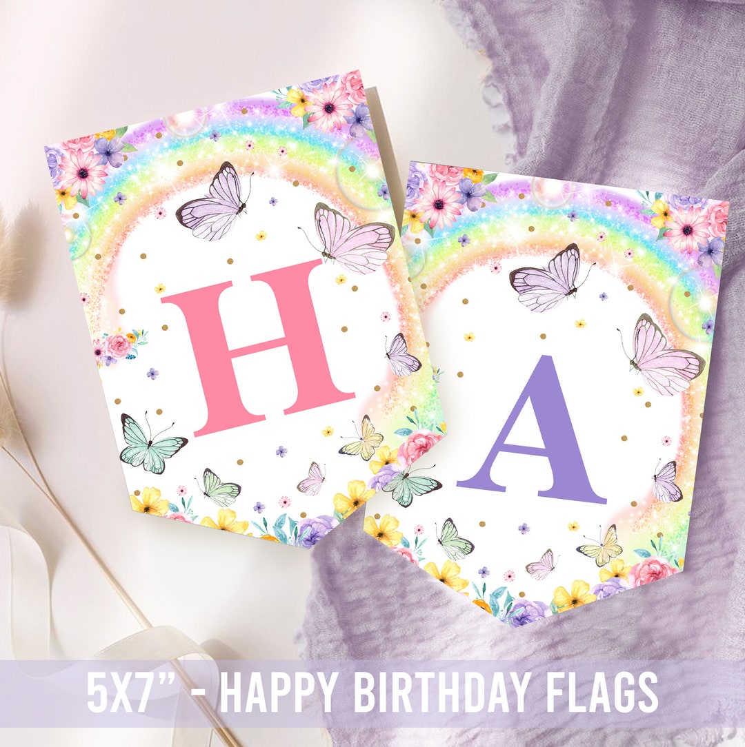 Rainbow Butterfly BANNER Editable Rainbow Butterfly Party Flags ...