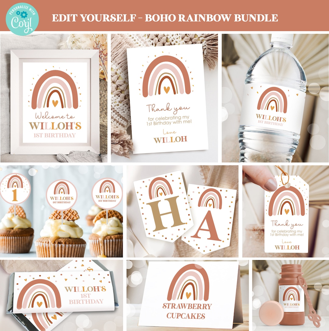 BOHO RAINBOW PARTY Package Instant Download Rainbow Party Bundle Editable Boho Rainbow Party ...
