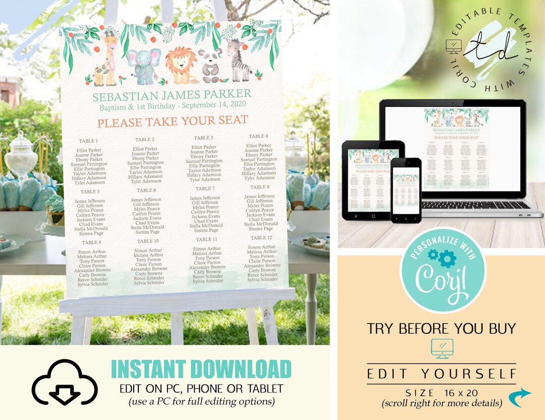 SEATING CHART Instant DOWNLOAD Jungle Seating Sign Editable Table ...