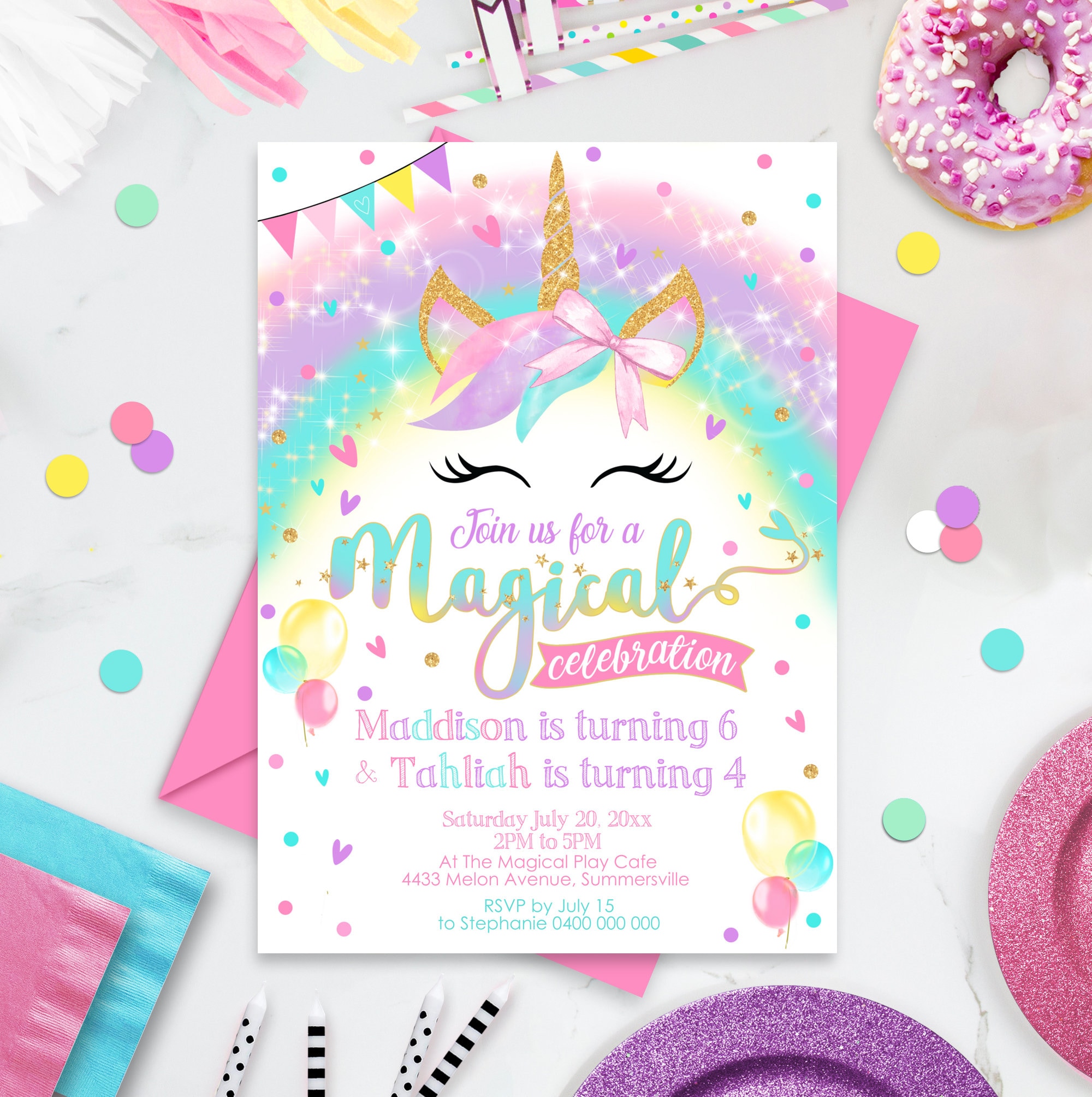RAINBOW UNICORN Party Invitation Sibling Unicorn Invitation | Etsy