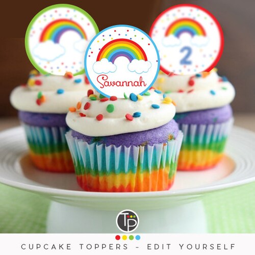 EDITABLE Rainbow Cupcake Toppers Girl Party Decorations - Etsy
