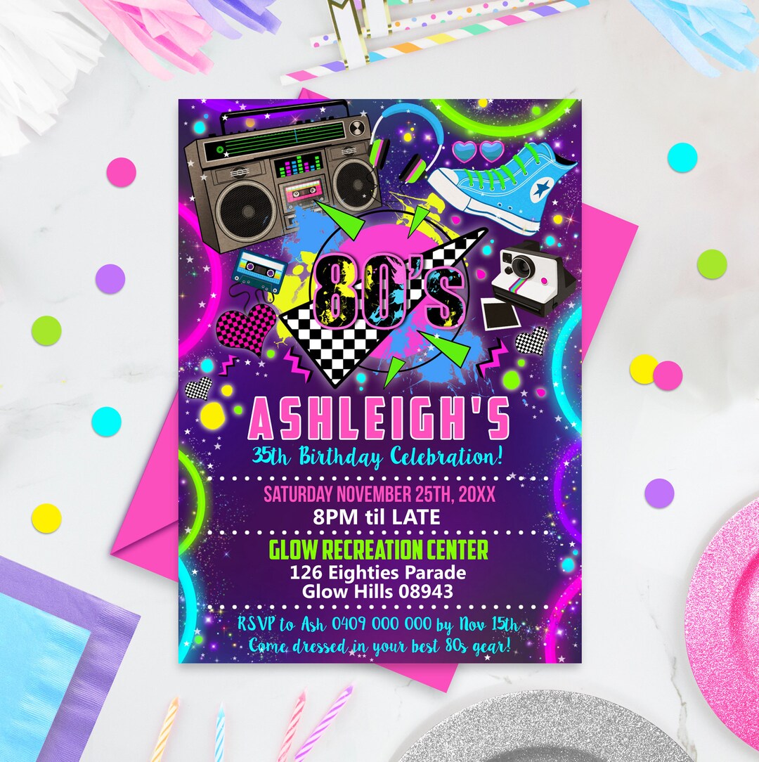Editable 80s Birthday Invitation 80s Neon Disco Dance Invitation Back ...