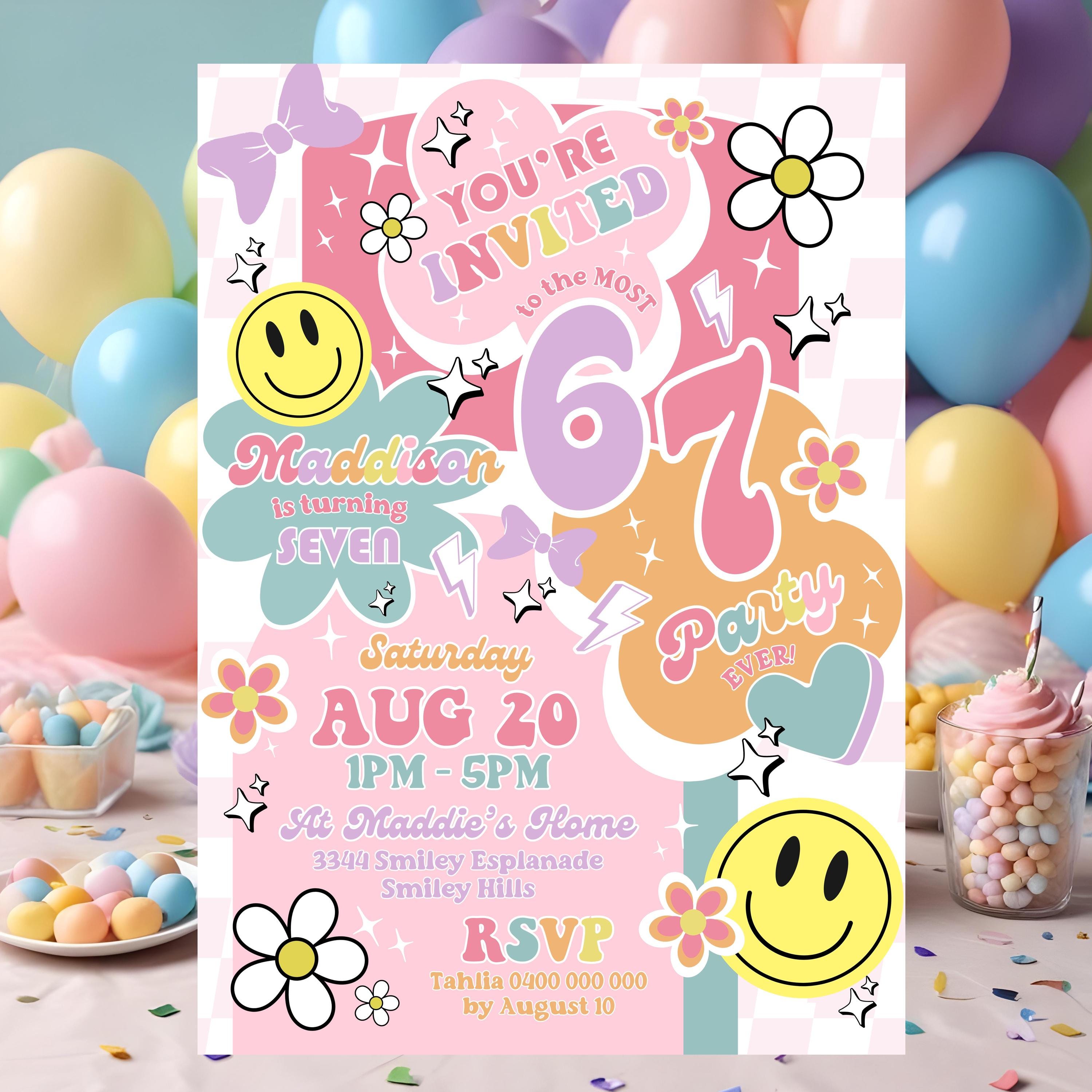 6-7 Girl Birthday Invitation | I Was 6 Now I'm 7 Party Evite | Retro ...