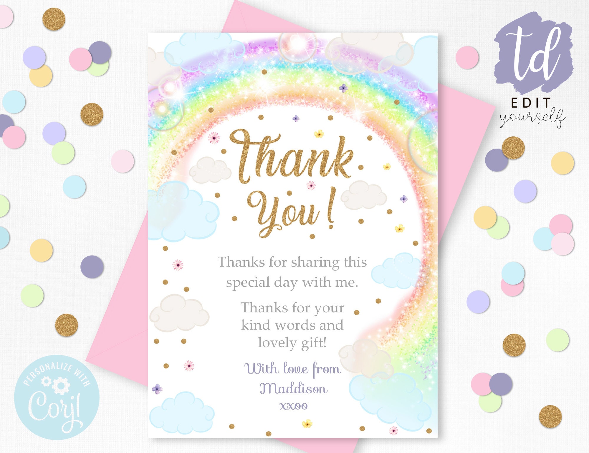 RAINBOW THANK YOU Rainbow and Clouds Thank you Editable Thank | Etsy