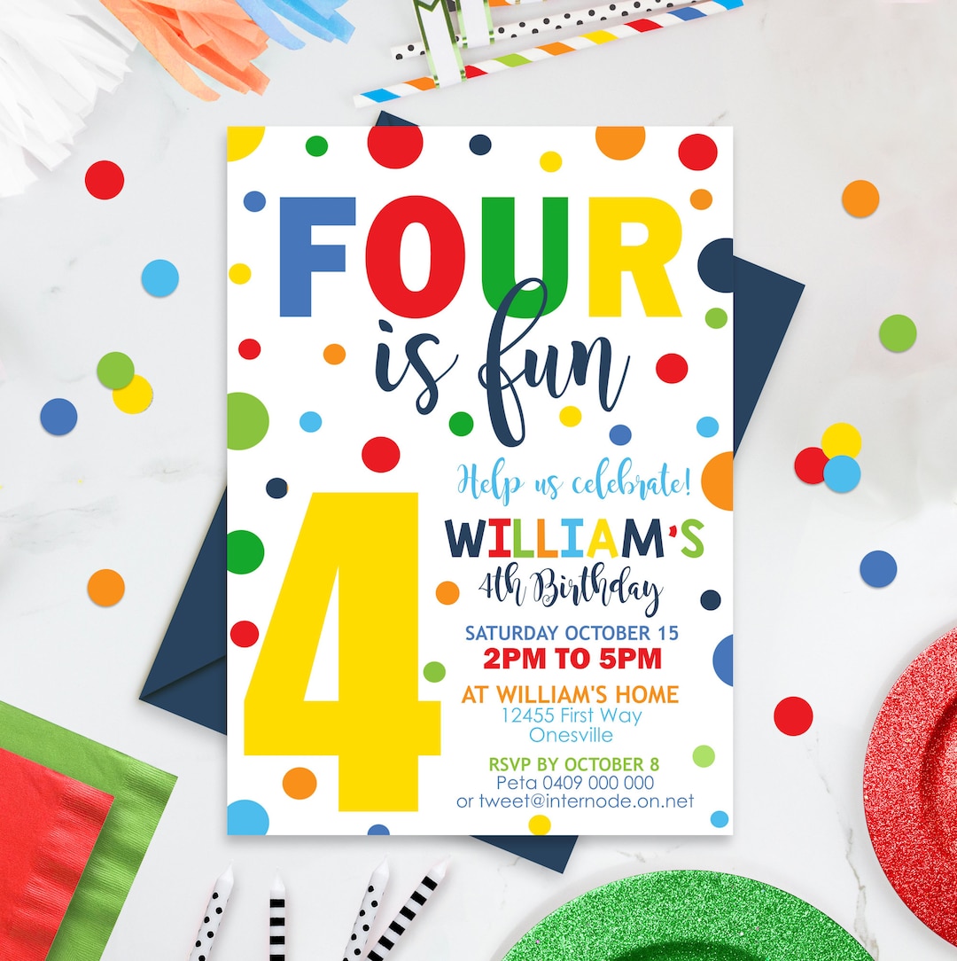 FOUR IS FUN 4th Birthday Invitation Polka Dot 4th Birthday Invitation ...