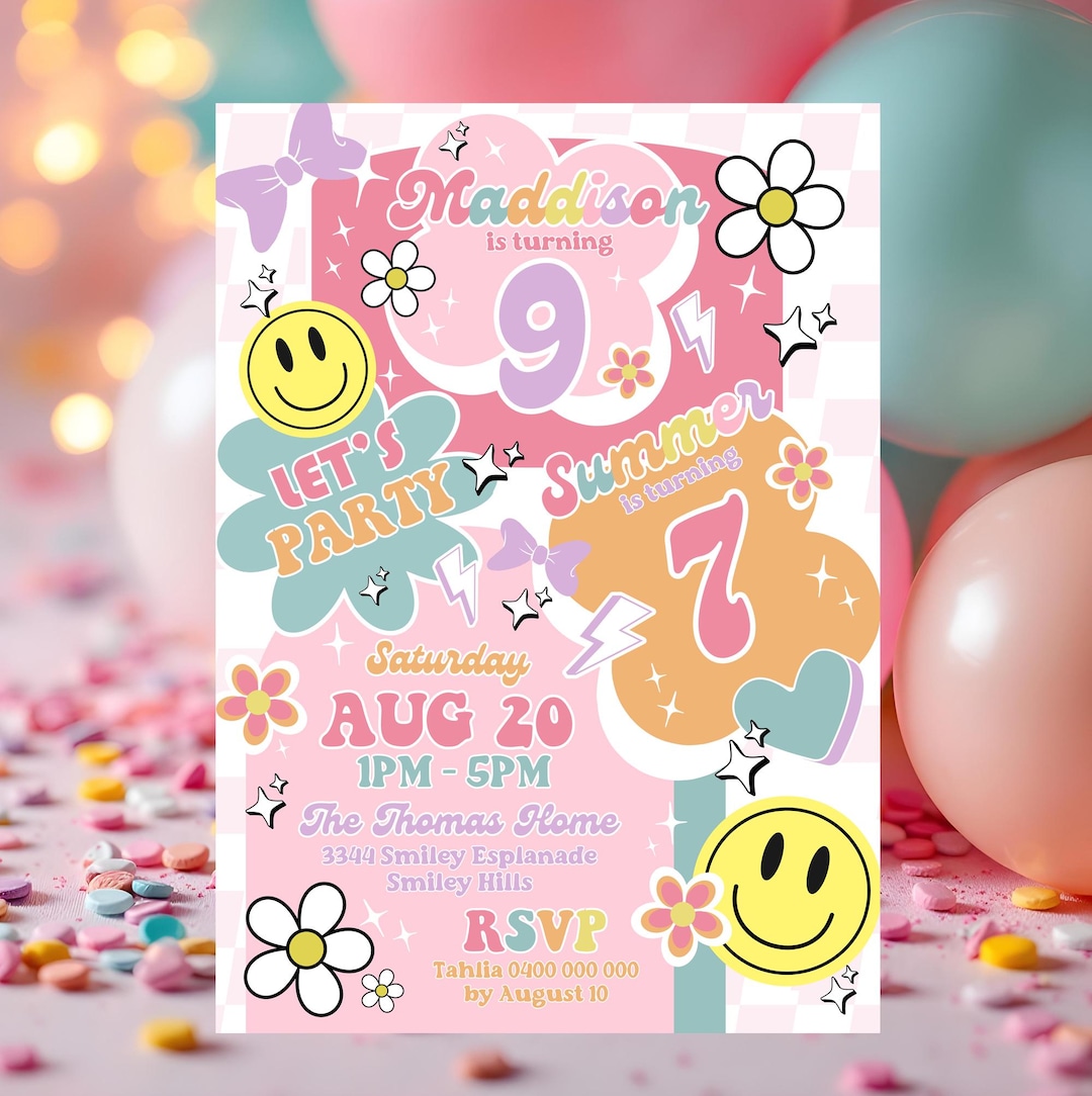 Retro Joint Sibling Birthday Invitation: Double Digits Era, Preppy Girl ...
