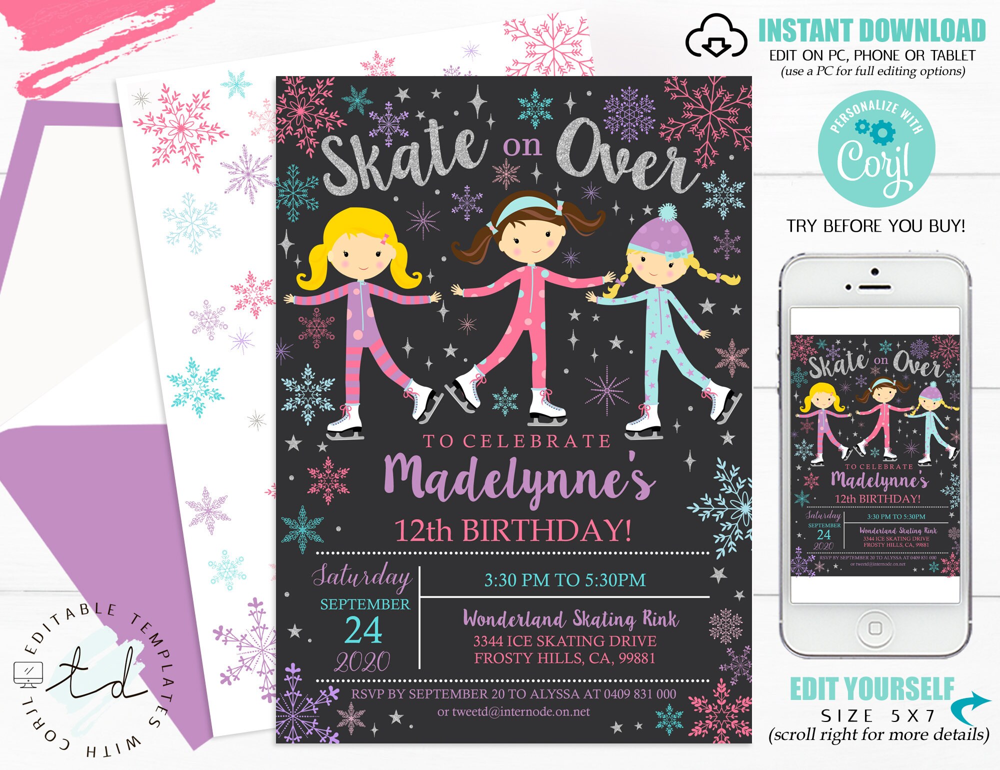 ICE SKATING PARTY Invitation Instant Download Ice Skating Girl - Etsy