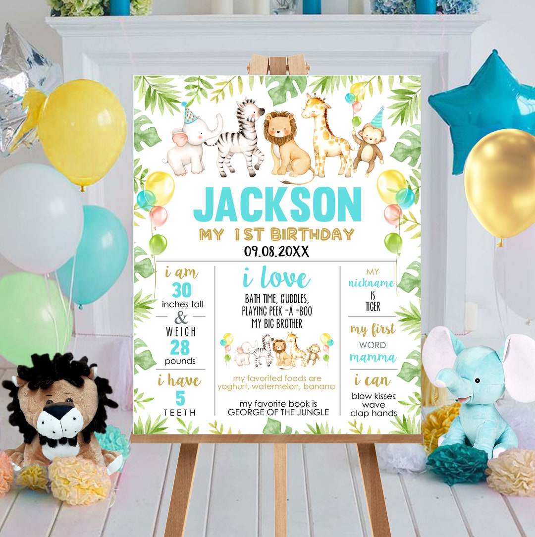 JUNGLE ANIMALS Birthday Decorations Editable Jungle Milestone Birthday ...