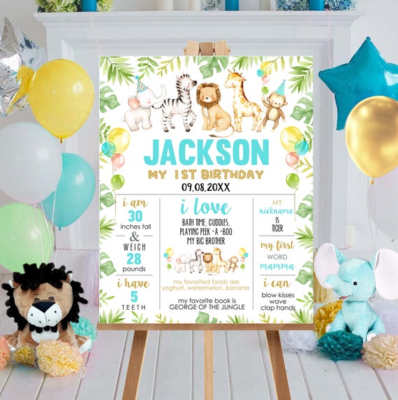 JUNGLE ANIMALS Birthday Decorations Editable Jungle Milestone - Etsy