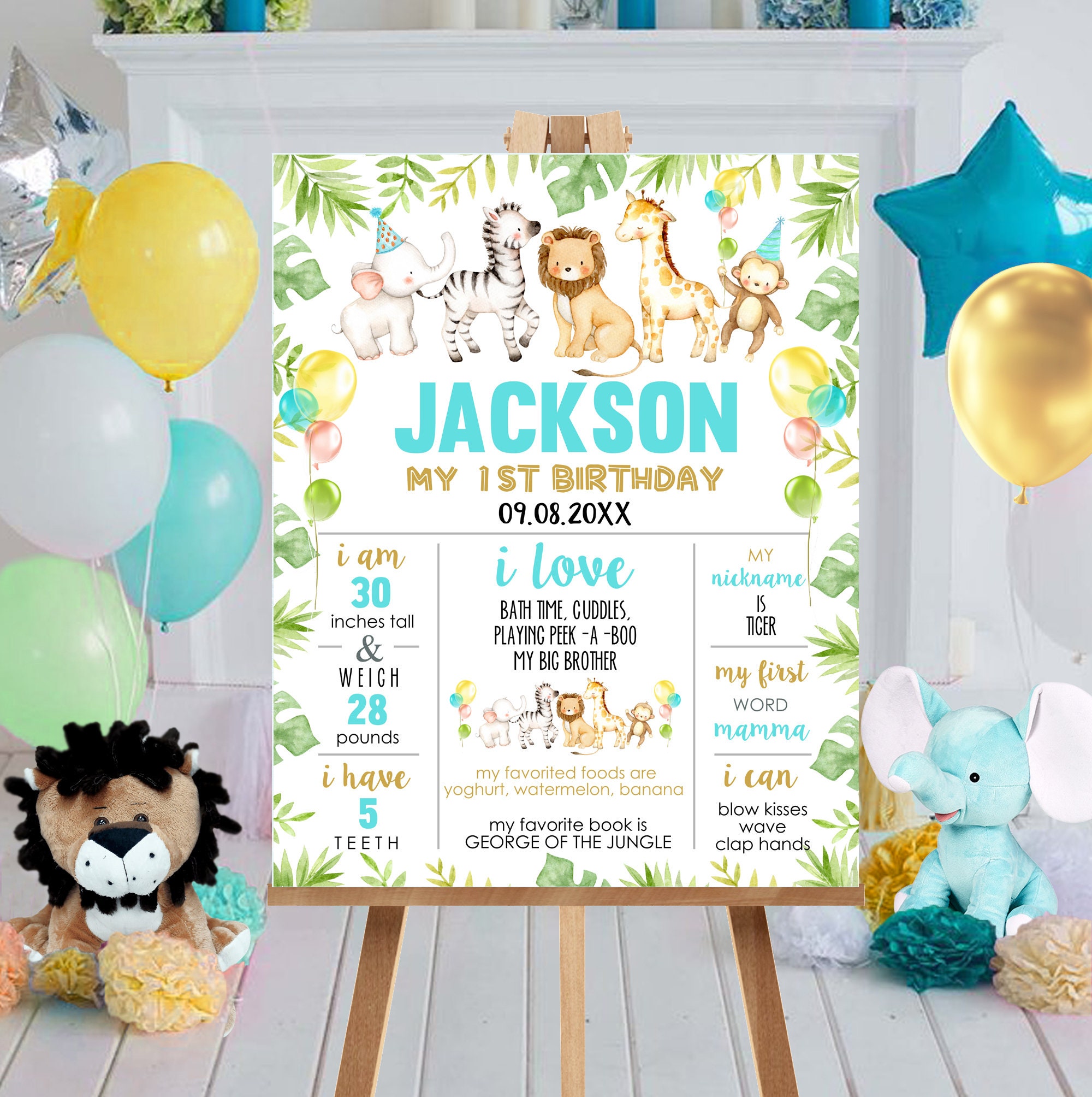 JUNGLE ANIMALS Birthday Decorations Editable Jungle Milestone - Etsy