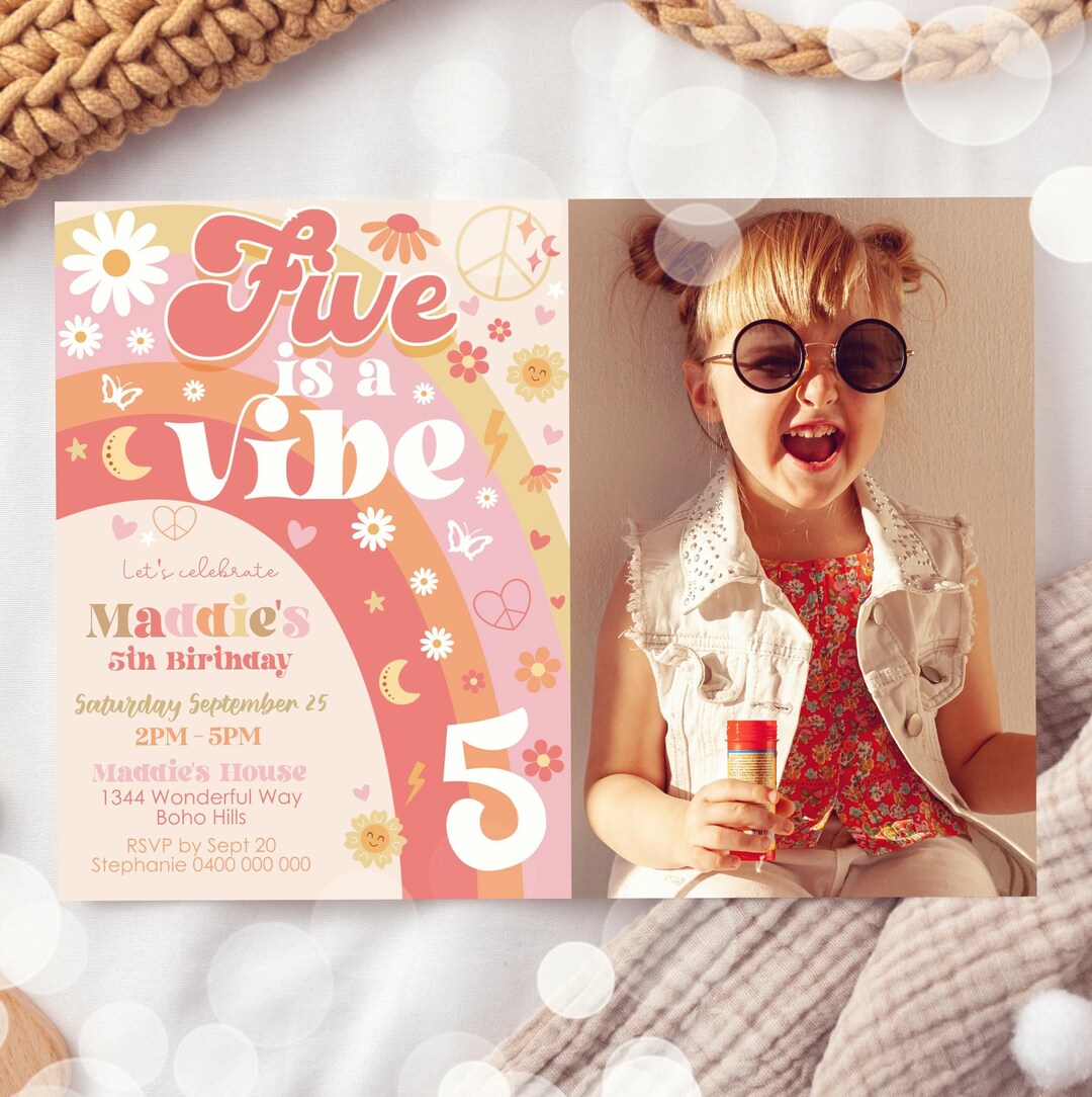 FIVE IS A VIBE Birthday Invitation Editable Five is a Vibe Photo Groovy ...