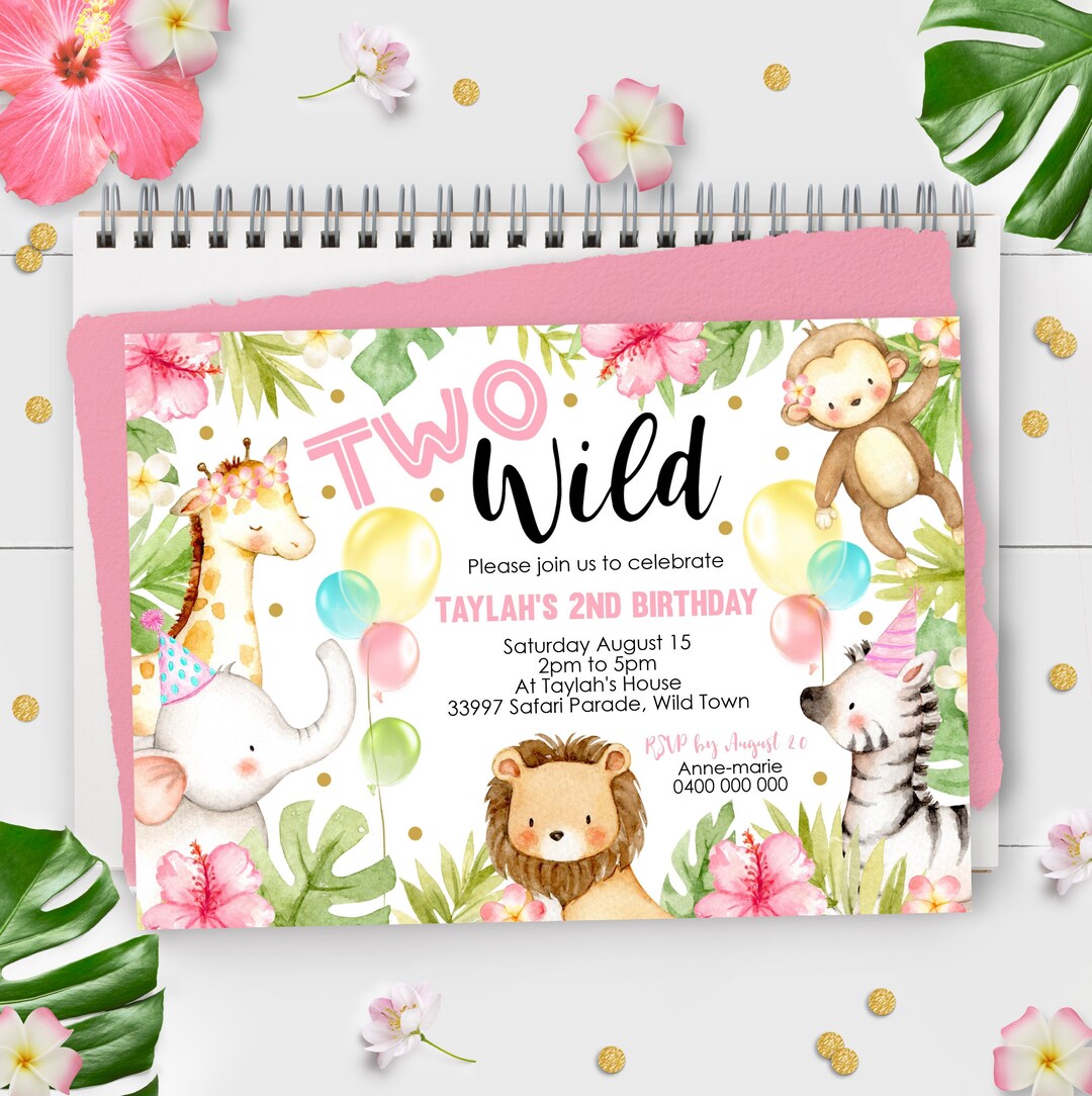 Two Wild Jungle Birthday Invitation Girl 2nd Birthday Invitation Safari ...
