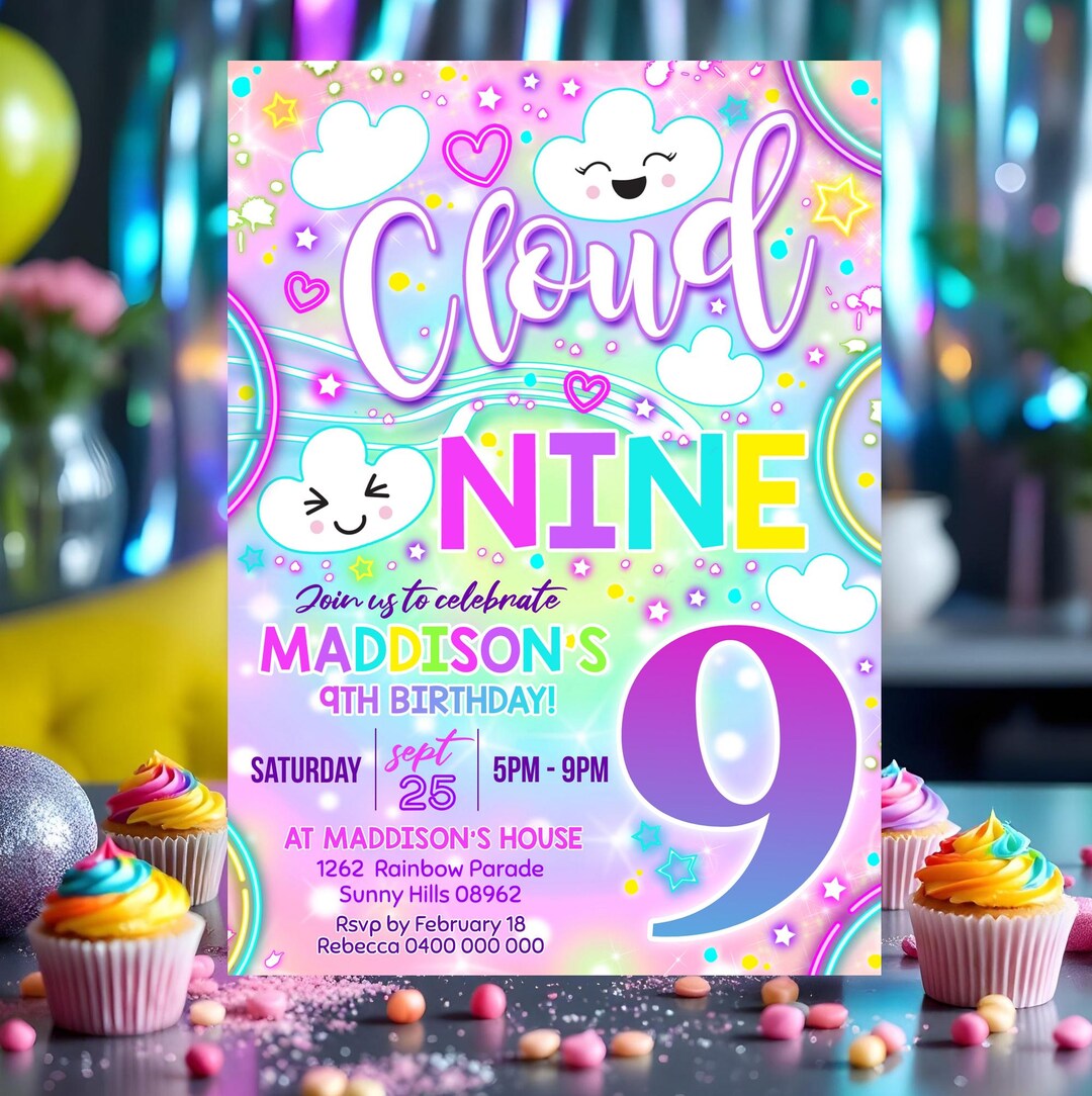 Rainbow Cloud 9th Birthday Invitation: Editable Neon Party Template ...