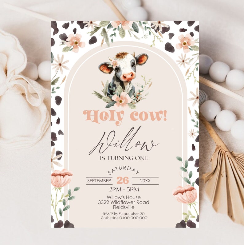 Holy Cow Birthday Invitation, Wildflower Cowgirl Party (digital ...