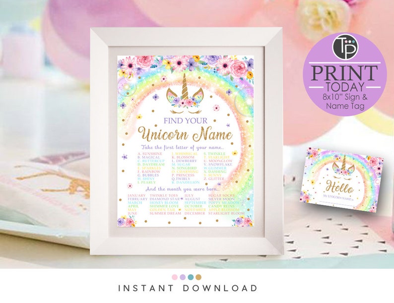 Rainbow Unicorn Name Game: Printable Party Sign & Tags (digital ...
