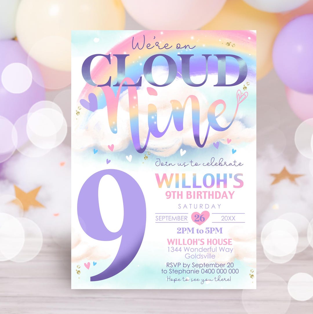 Cloud 9 Birthday Invitation: Editable Rainbow Watercolor (digital ...