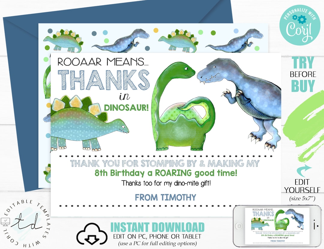 DINOSAUR THANK YOU Card Instant Download Dinosaur Thank You Instant ...