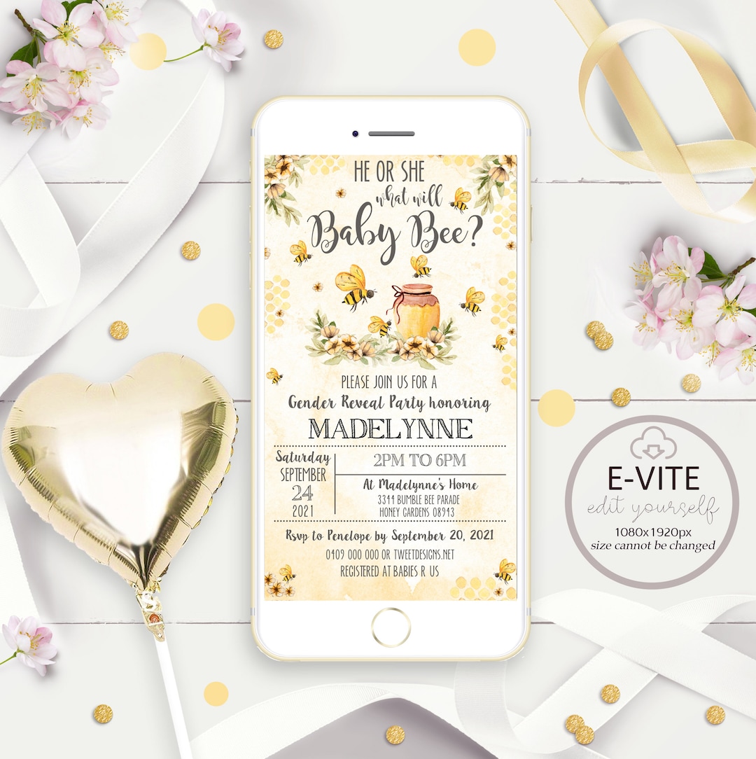 BEE Baby Shower E-vite Bee Gender Reveal Baby Shower Evite Editable Bee ...