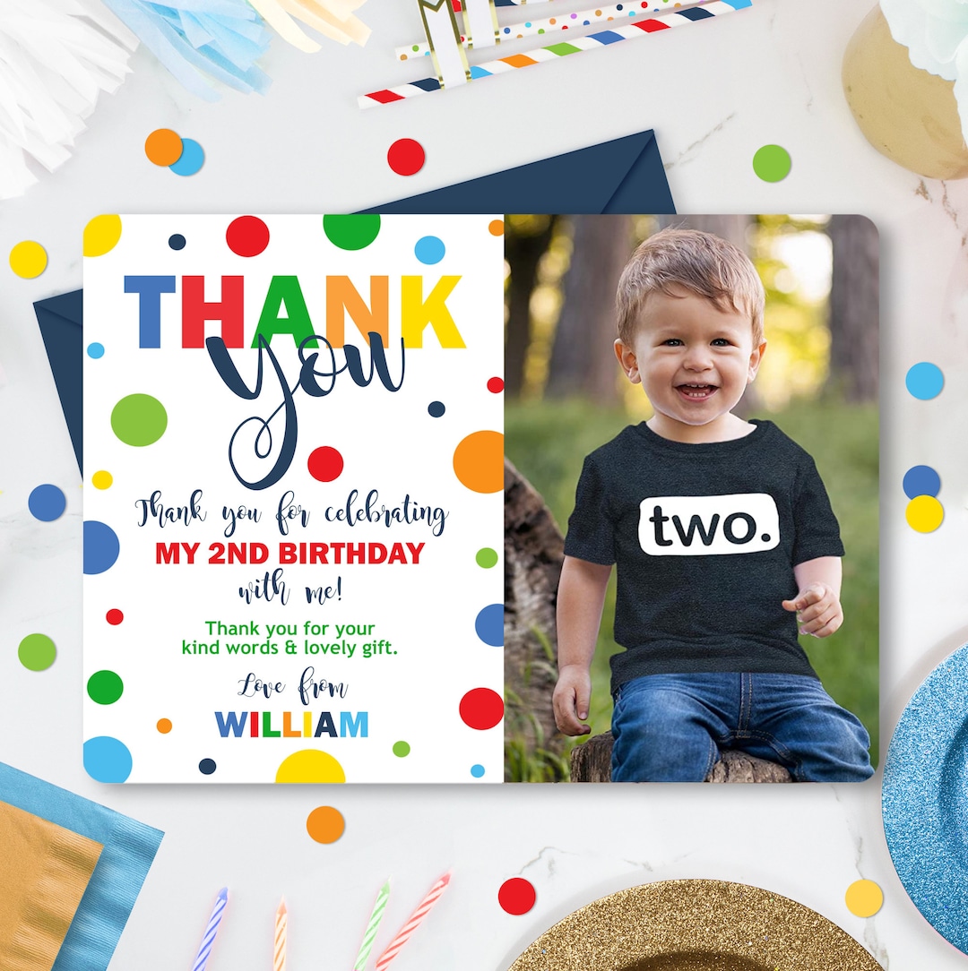 Boy Birthday Photo Thank You Card: Primary Colors Confetti (editable ...