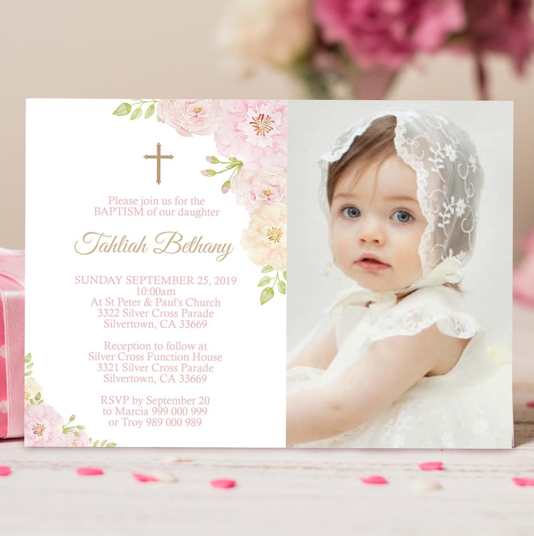 Floral Girl Baptism Invitation Template: Photo Christening Invite ...