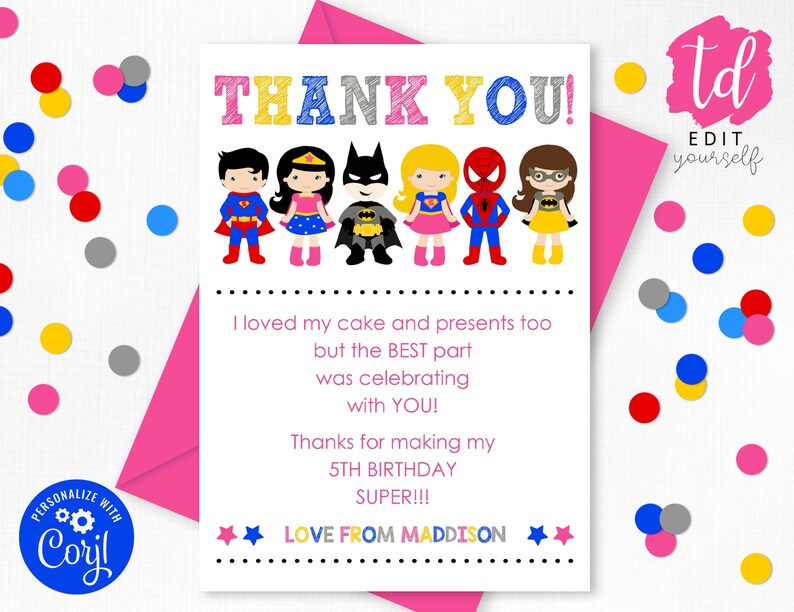 Girl SUPERHERO THANK YOU Card Instant Download Superhero Thank - Etsy