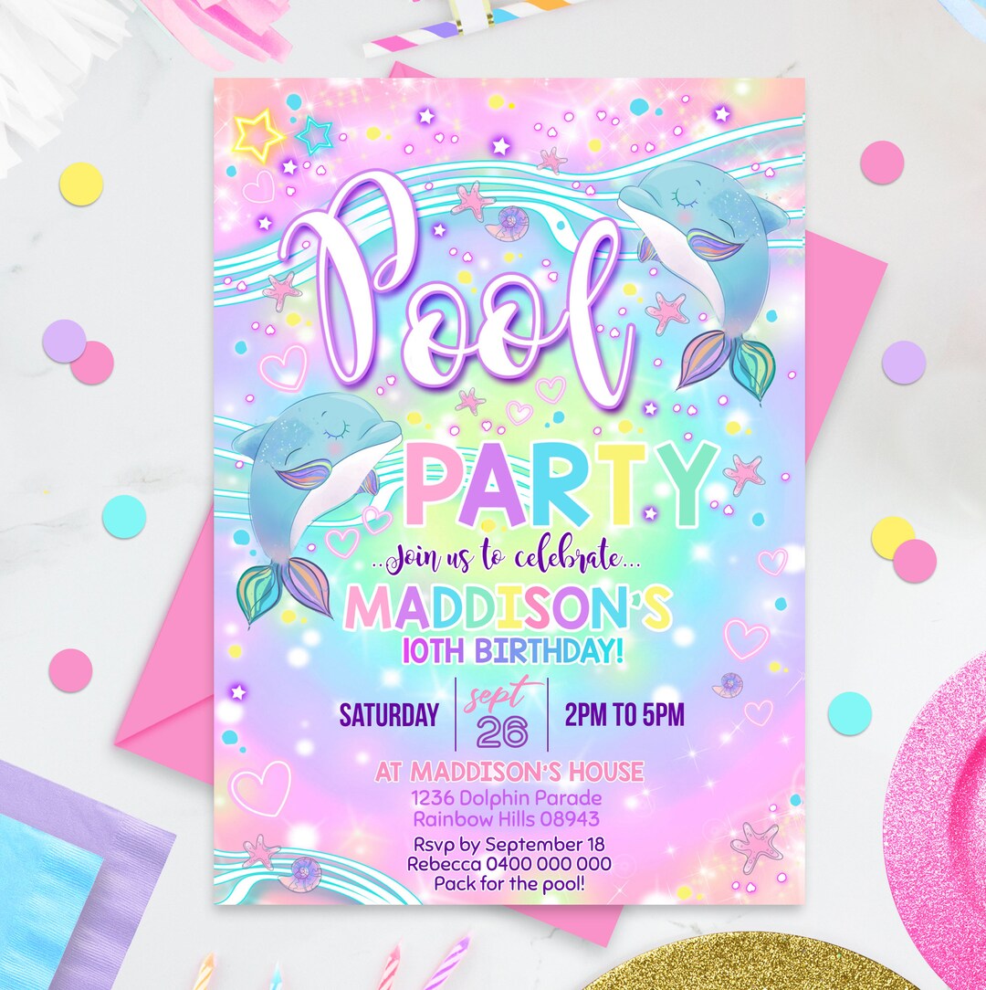 DOLPHIN POOL PARTY Invitation Editable Rainbow Dolphin Invitation ...