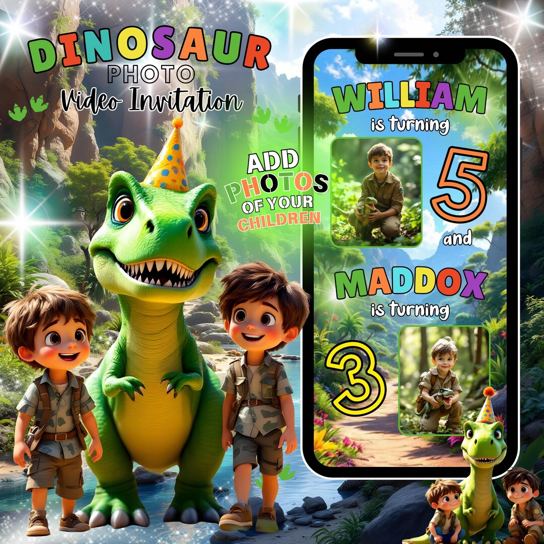 Dinosaur Joint Birthday Video Invitation: Animated Sibling Trex Party ...