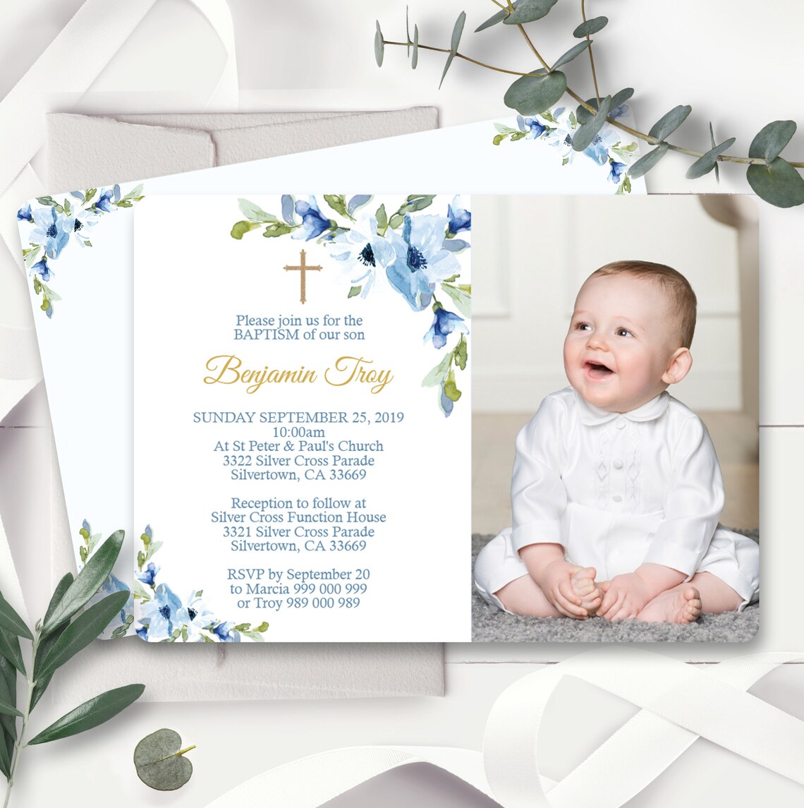 Blue Floral BAPTISM PHOTO Invitation Boy Baptism Photo - Etsy