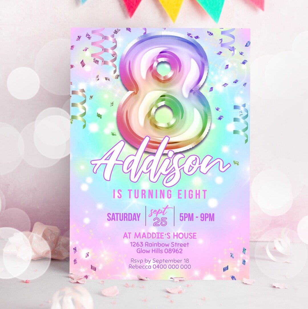 Rainbow 8th Birthday Invitation: Editable Foil Balloon (digital ...
