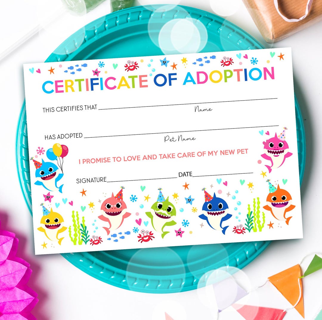 BABY SHARK CERTIFICATE of Adoption Printable Shark Adoption Certificate ...