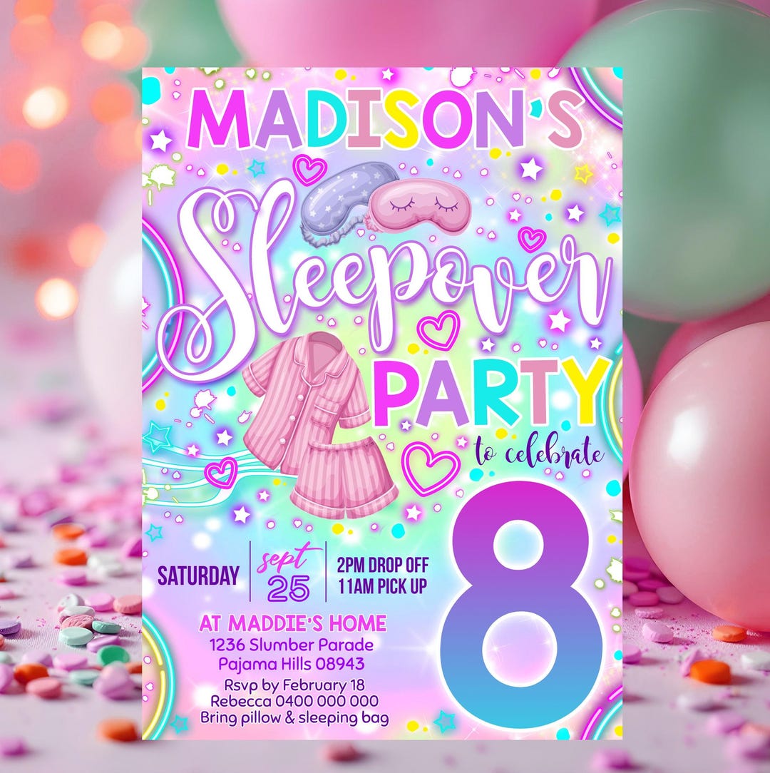 Girls Sleepover Party Invitation: Editable Neon Glow Slumber Party ...