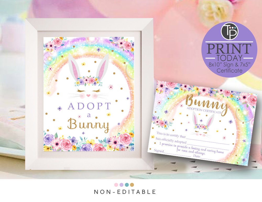 ADOPT A BUNNY Certificate Printable Bunny Party Game Rainbow Bunny Game ...