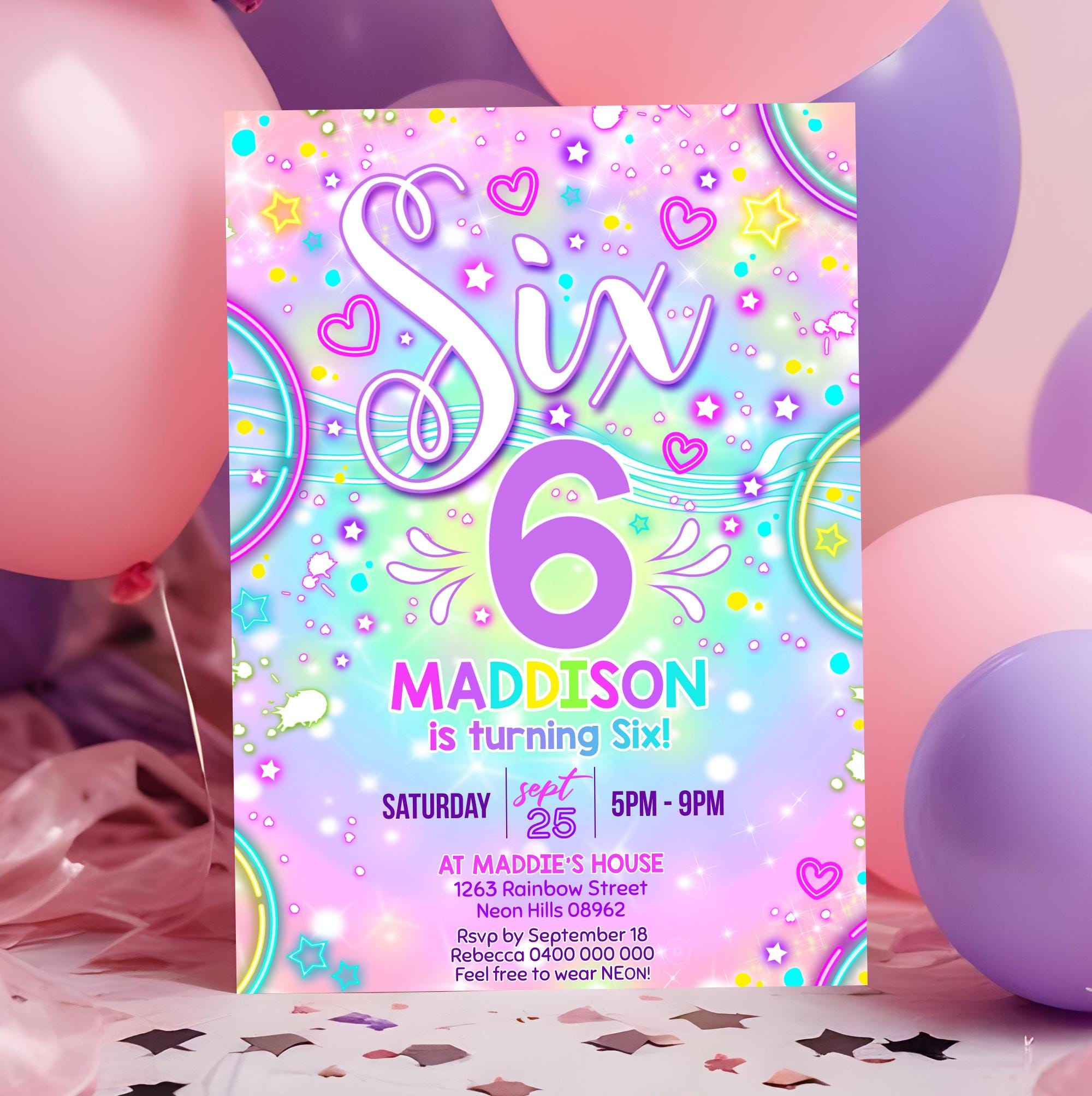 Neon Rainbow 6th Birthday Invitation: Girl Sixth Party Evite (digital ...