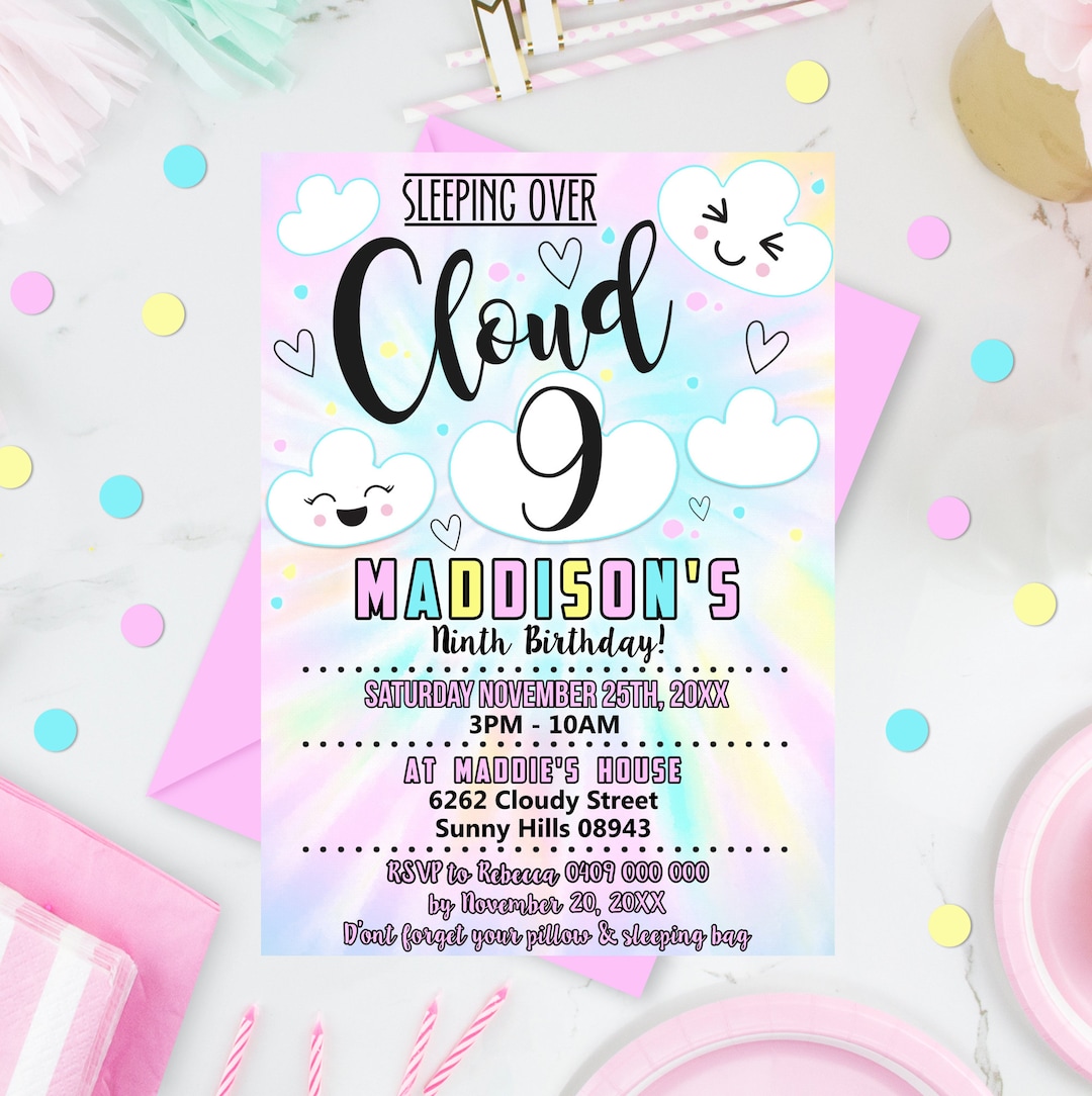 RAINBOW CLOUD 9 INVITATION Editable Rainbow Clouds 9th Birthday ...