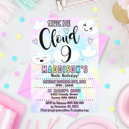 RAINBOW CLOUD 9 INVITATION Editable Rainbow Clouds 9th - Etsy