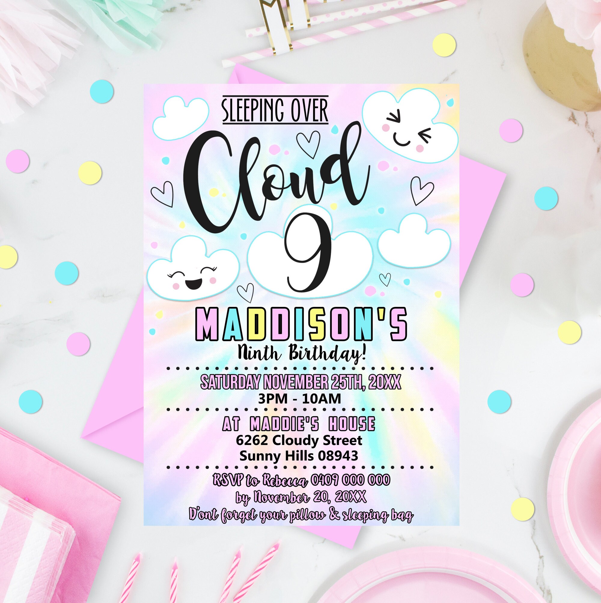 Editable Cloud Girls Birthday Invite Graphic By