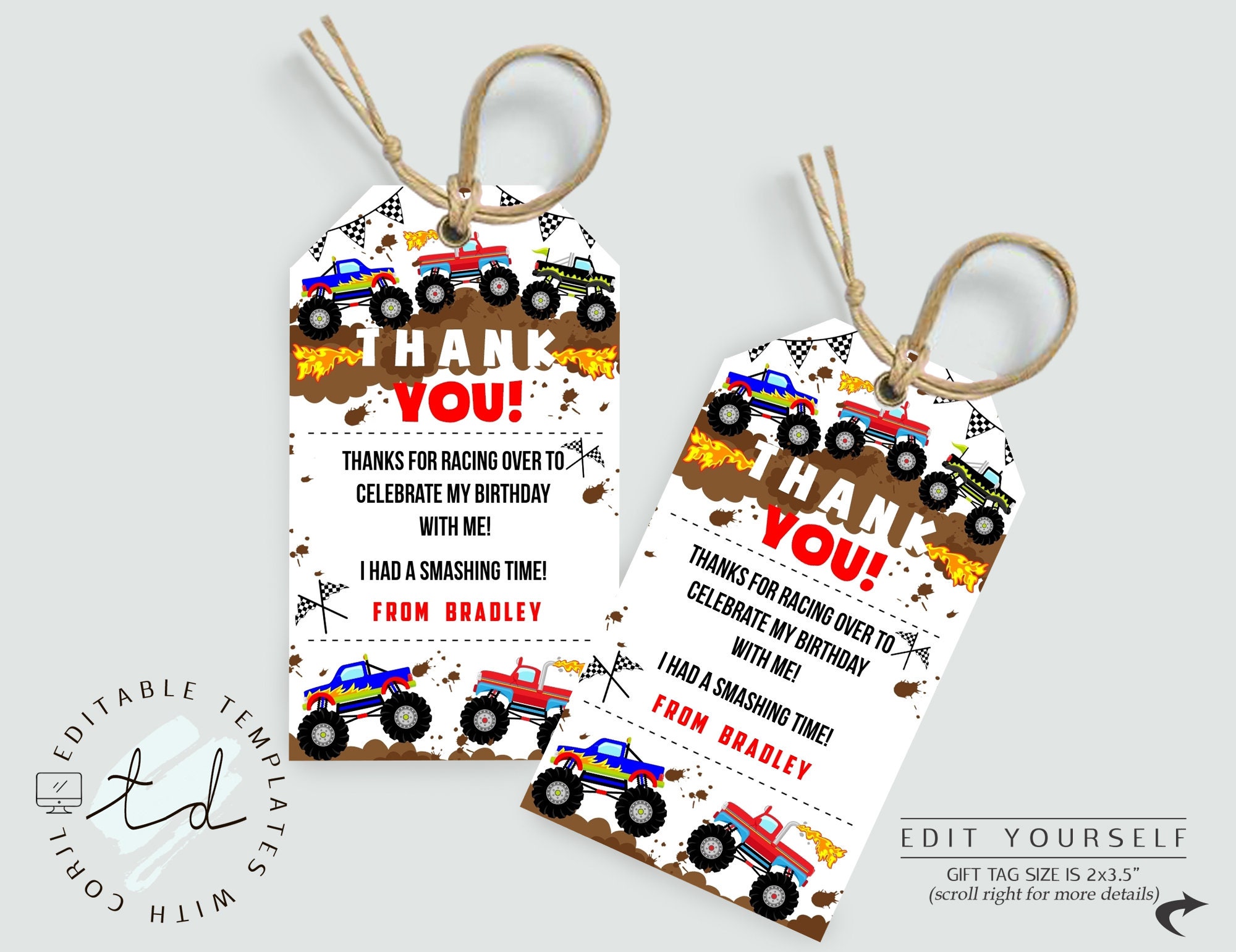 Monster TRUCK THANK YOU Favor Tag Instant Download Favor Card - Etsy
