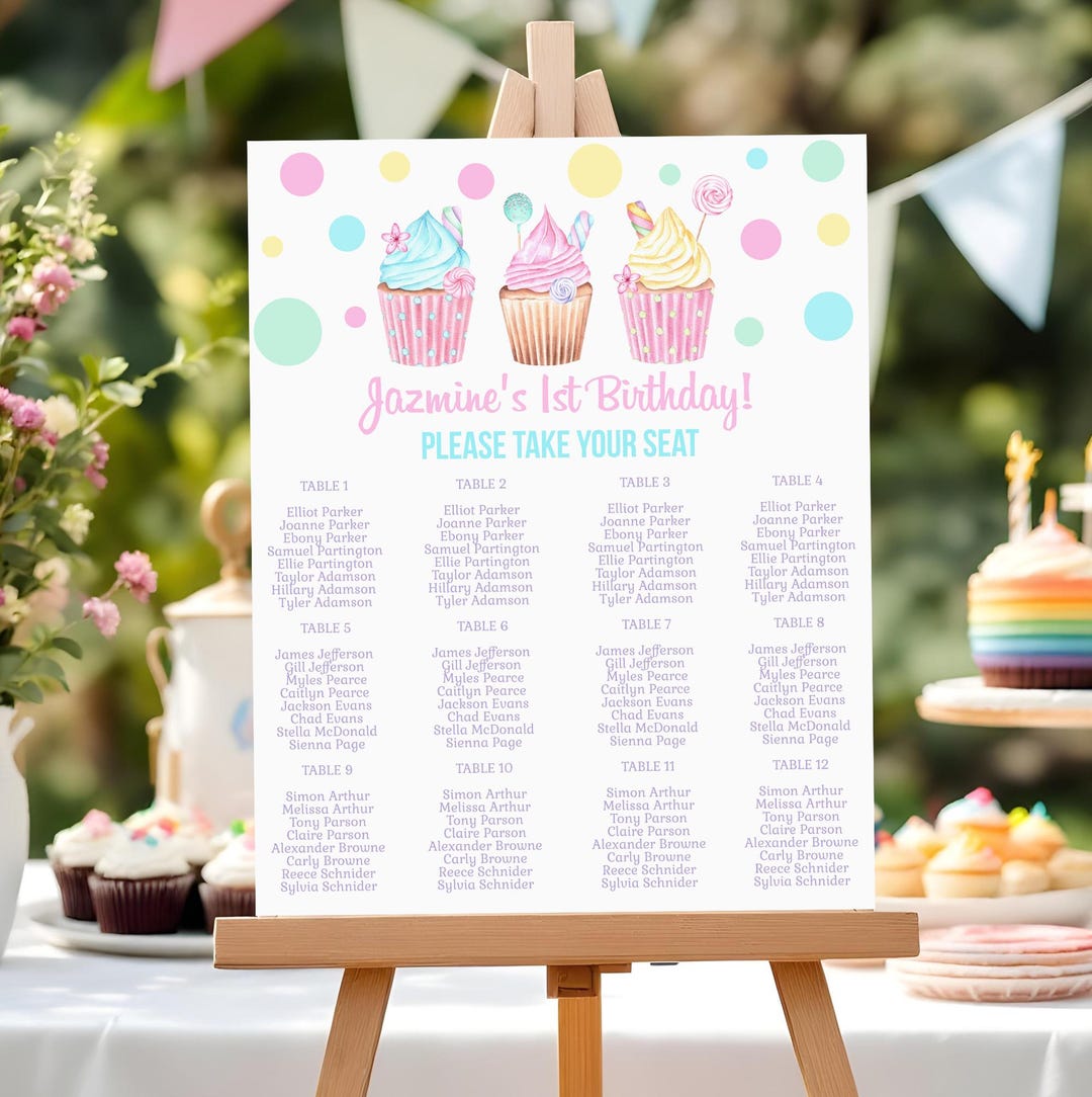 Cupcake Seating Chart Sign: Rainbow Birthday Party (digital Download ...