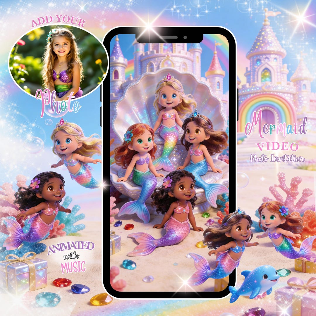 Mermaid Birthday Video Invitation: Animated Mixed Race Mermaids Party ...
