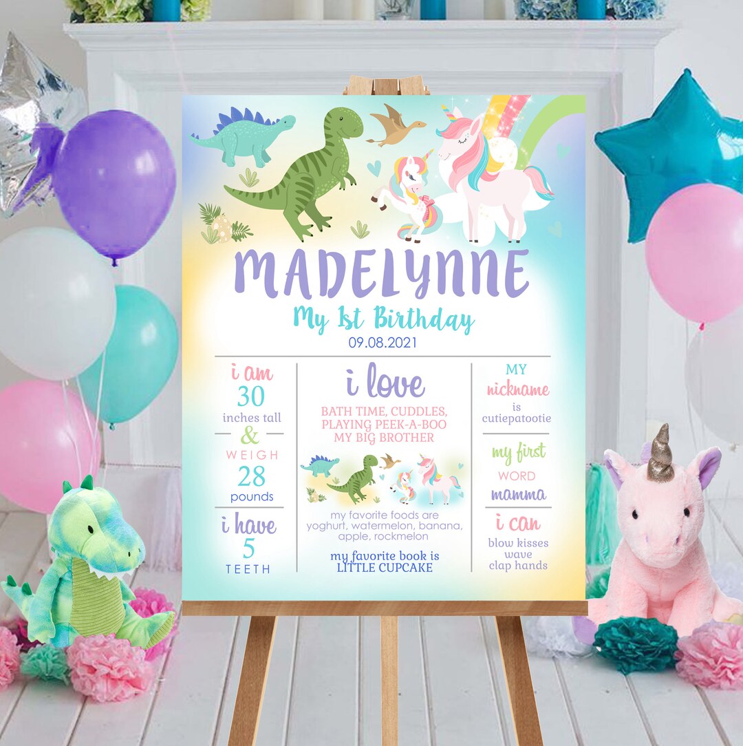 Dinosaur Unicorn Birthday Milestone Poster: Editable Printable (digital ...
