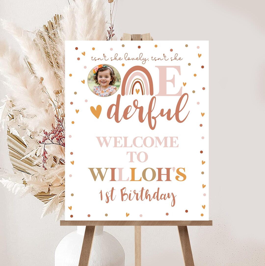 Boho Rainbow First Birthday Welcome Sign: Editable Girl Photo Poster ...
