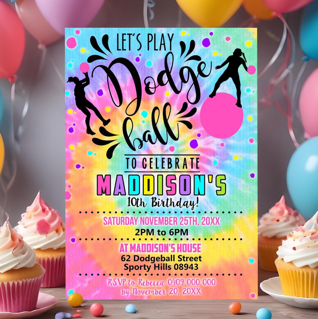 Rainbow Dodgeball Birthday Invitation: Tie Dye Party Evite (digital ...