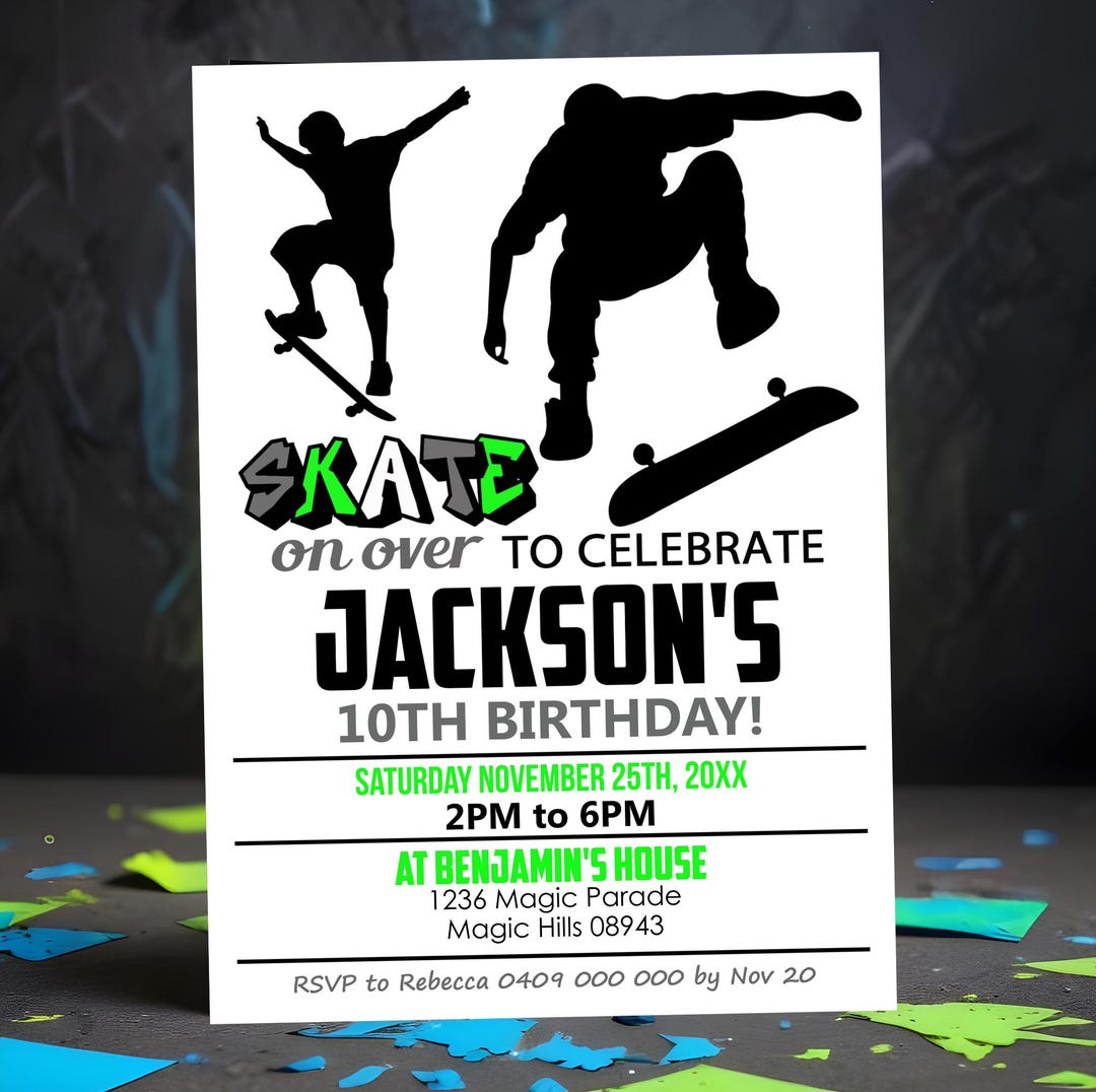 SKATE INVITATION Boy Skateboard Party Invitation Skate Board Birthday ...