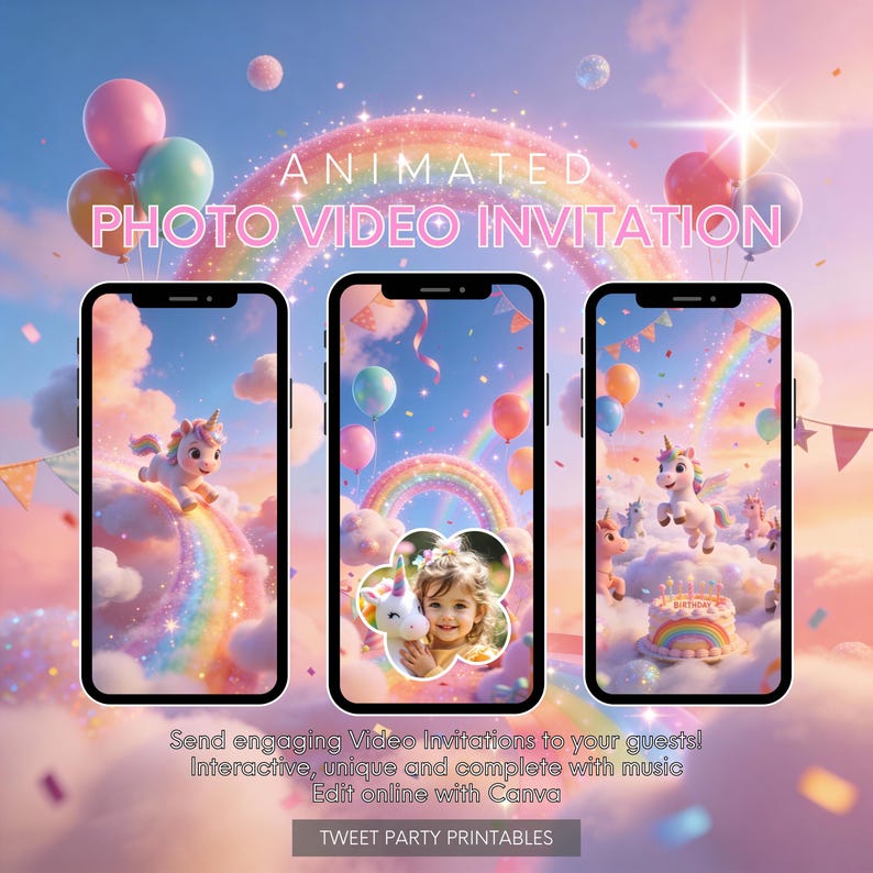 Unicorn First Birthday Video Photo Invitation: Animated Rainbow Pony ...