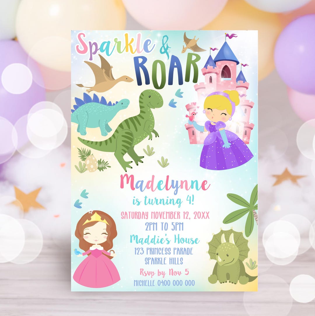 DINOSAUR PRINCESS Invitation Instant Download Princess and Dinosaur ...