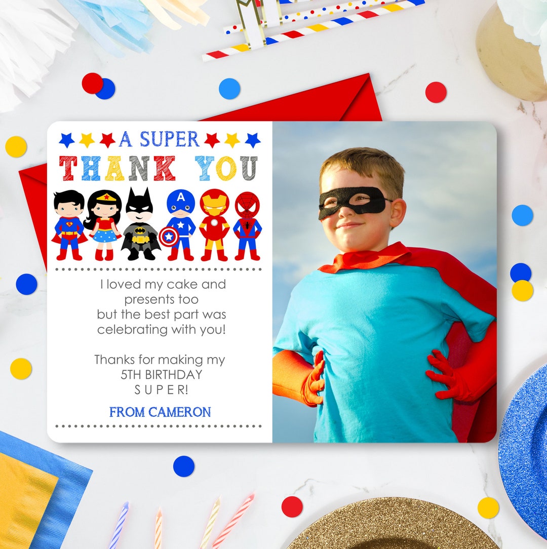 SUPERHERO Photo THANK YOU Card Superhero Party Photo Thank You ...