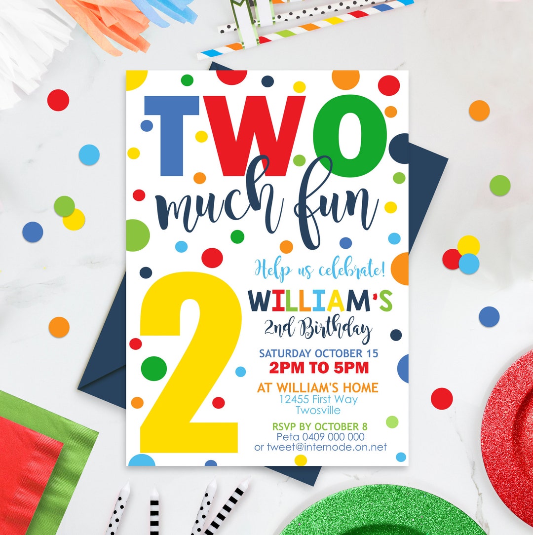 TWO MUCH FUN Birthday Invitation Editable Confetti 2nd Birthday ...